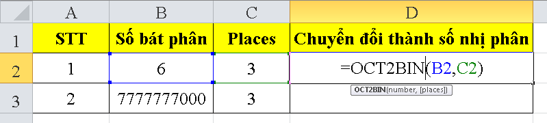Hướng dẫn sử dụng hàm oct2bin trong excel