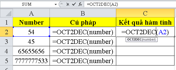 Hướng dẫn sử dụng hàm tính oct2dec trong excel