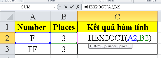 Hướng dẫn sử dụng hàm tính hex2oct trong office excel