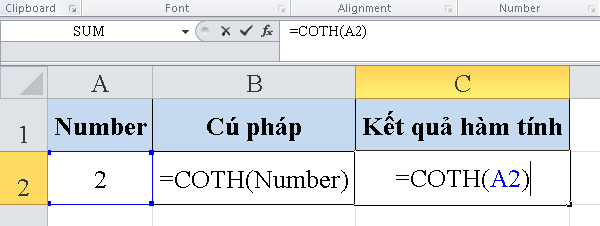 Hướng dẫn sử dụng hàm coth trong excel