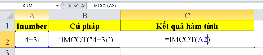 Hướng dẫn sử dụng hàm imcot trong excel